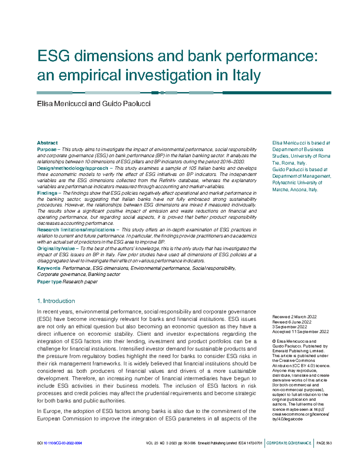 ESG Dimensions and Bank Performance: An Empirical Study in Italy - Studocu