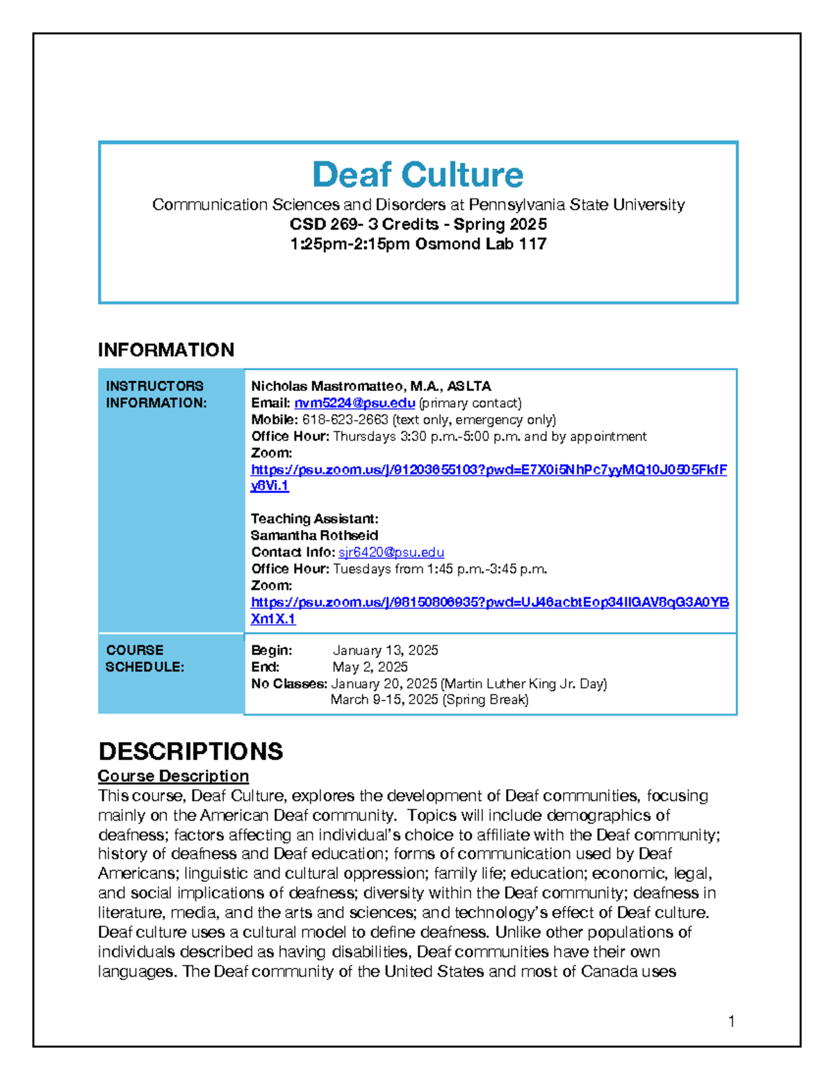 CSD 269 Deaf Culture Syllabus - Spring 2025 at PSU - Studocu