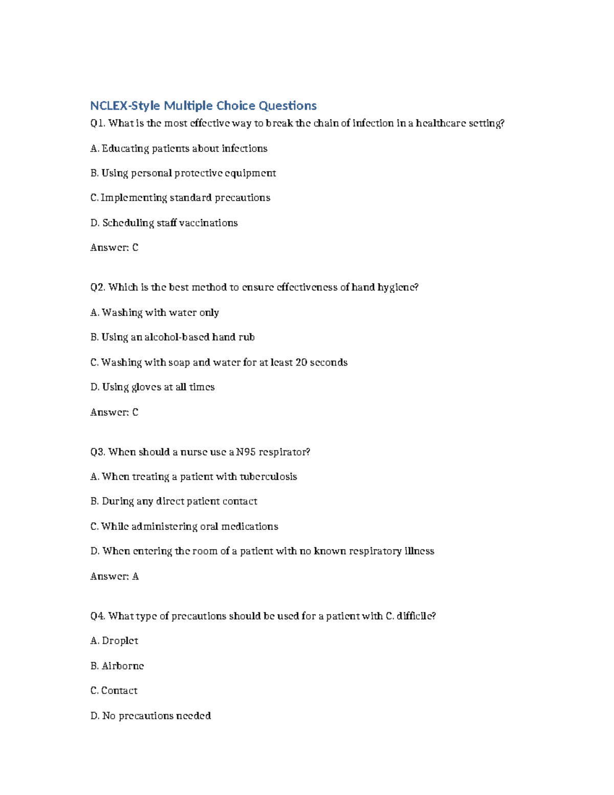 NCLEX Review: Essential MCQs on Infection Control Practices - Studocu