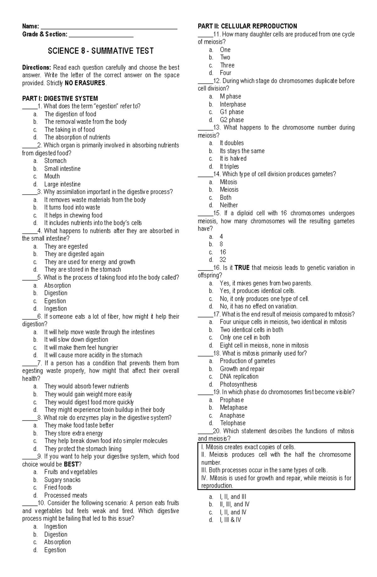 Science 8 Summative Test: Modules 1-3 on Digestive System & Cellular ...