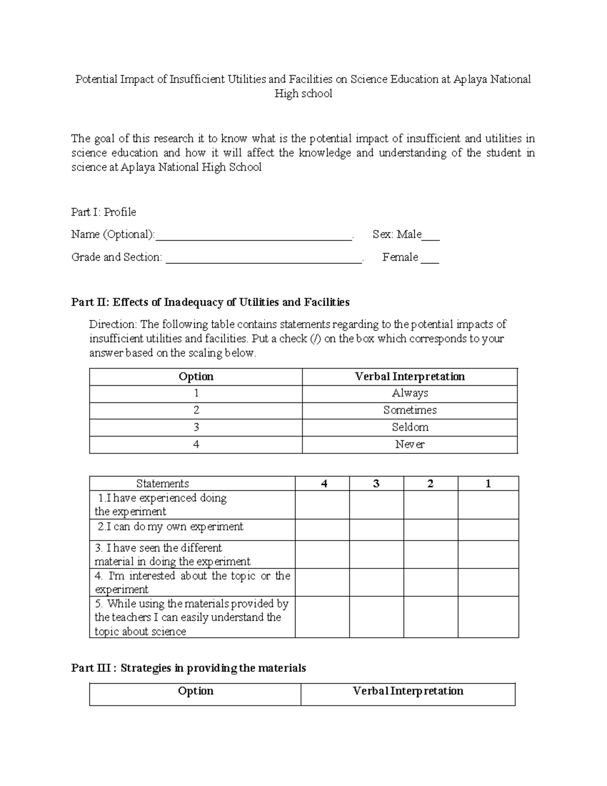 Survey - Sample Questionnaire on Impact of Insufficient Utilities in ...