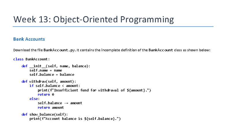 AY25 26S1 Week 13: Bank Account Programming Tasks - Studocu