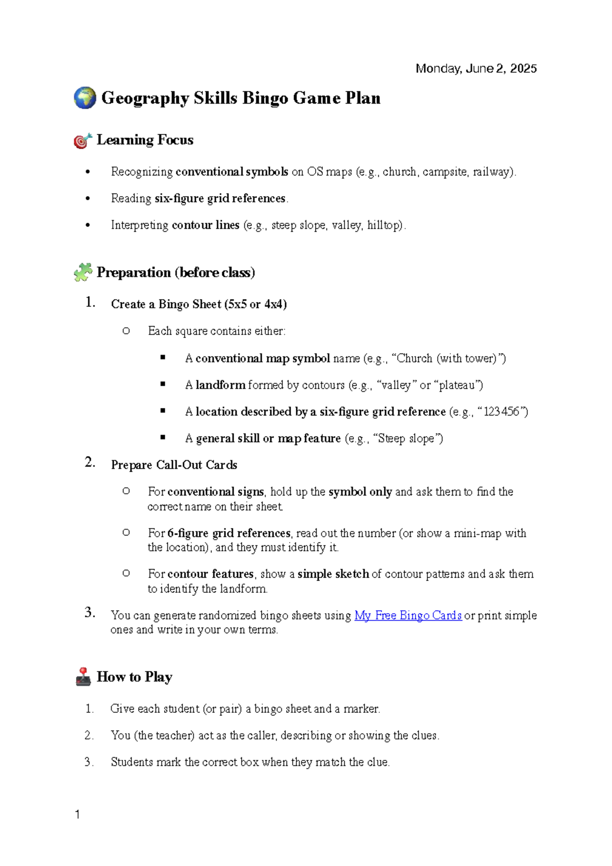 Geography Skills Bingo Game Plan: OS Maps & Symbols Activity - Studocu