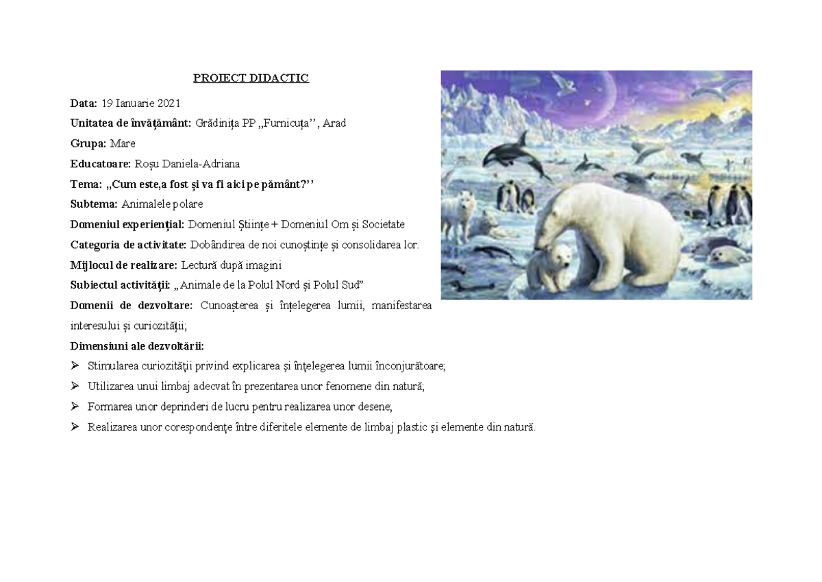 Animalele Polare - Proiect Didactic pentru Grupa Mare (PP) - Studocu