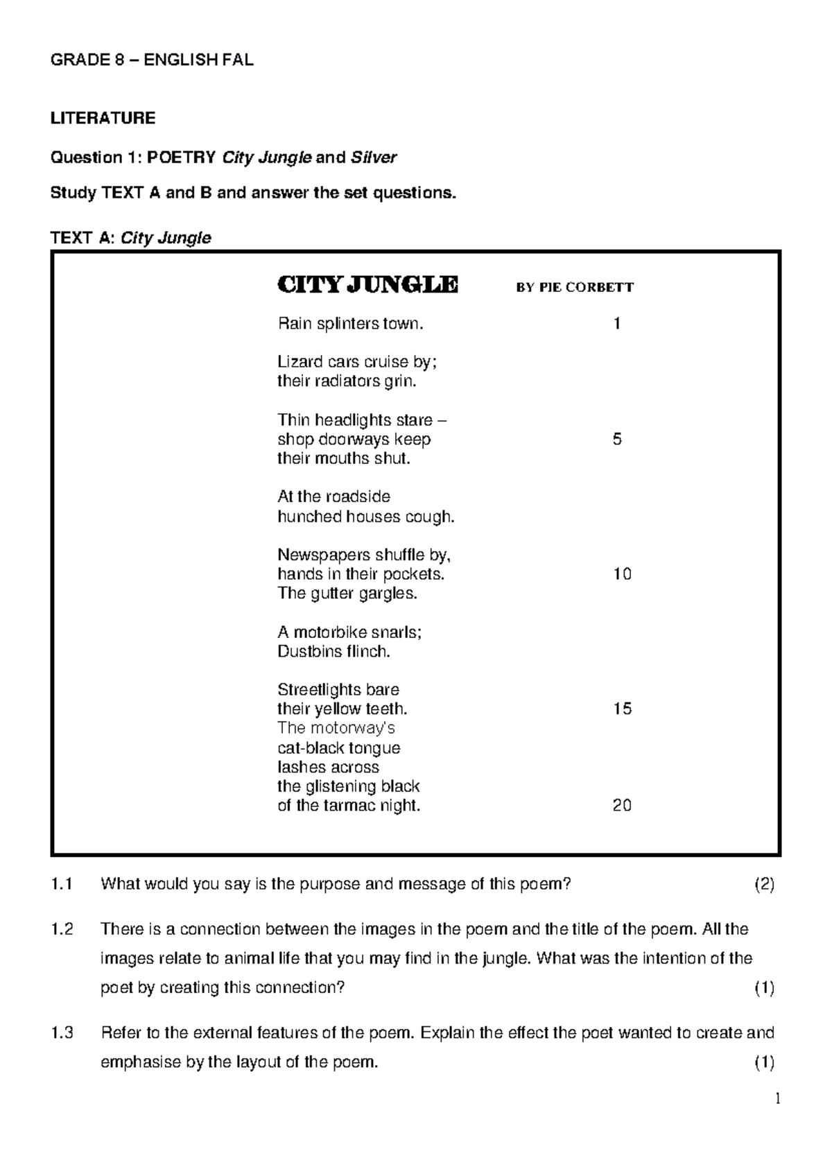 Grade 8 FAL Paper II English Literature: Poetry Analysis & Questions ...