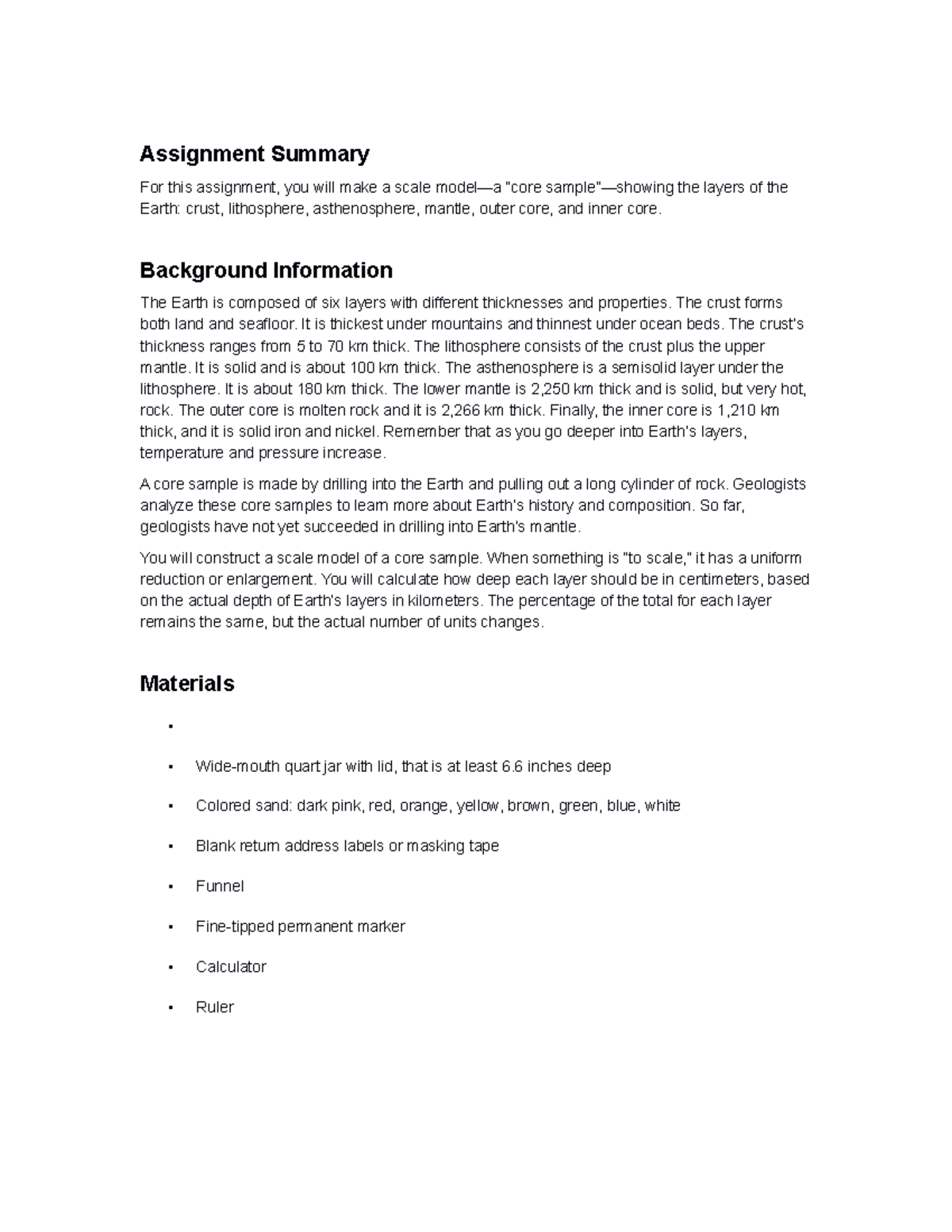 Project 101: Core Sample Model of Earth's Layers Guide - Studocu