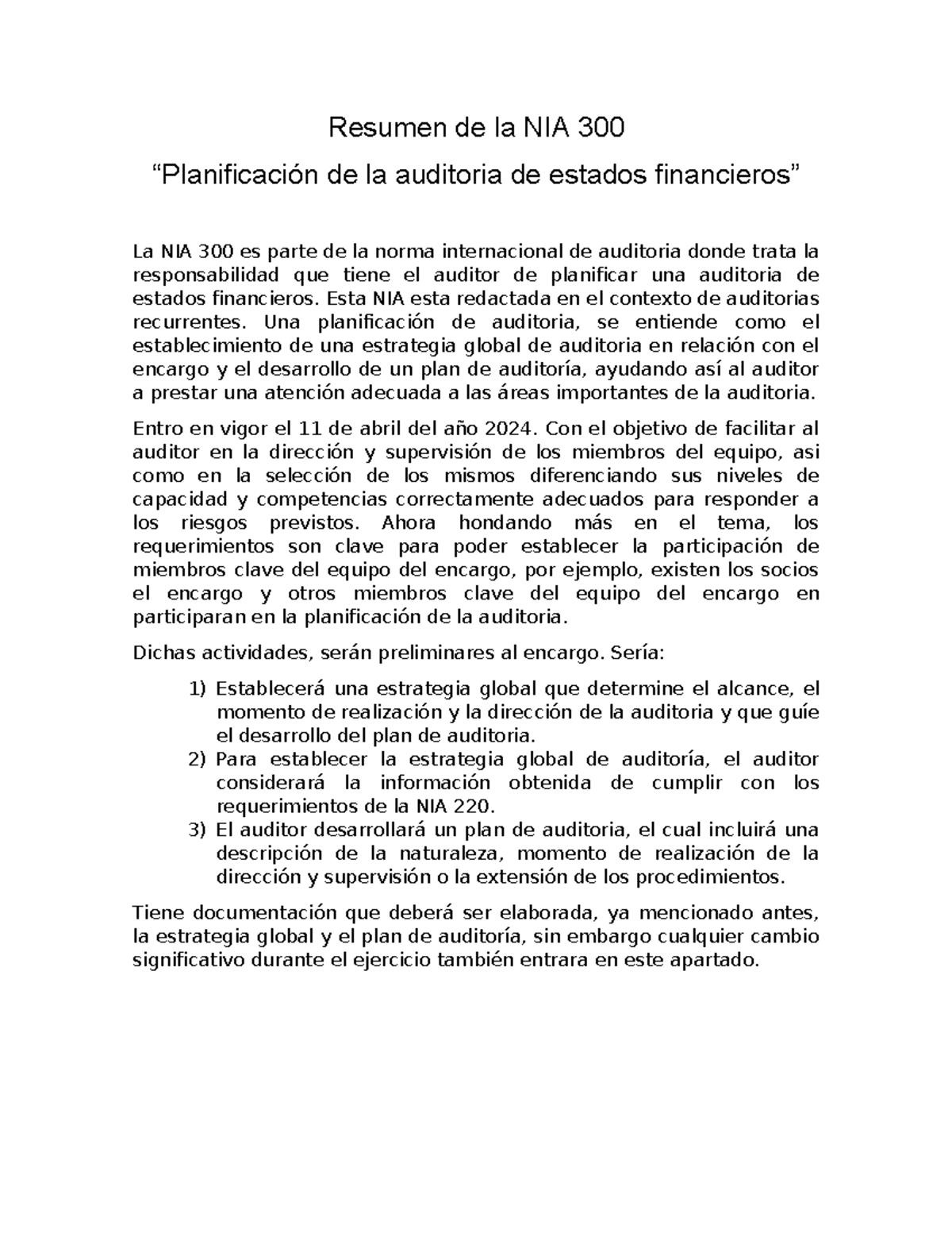 Resumen de la NIA 300 - Auditoría de Estados Financieros - Studocu