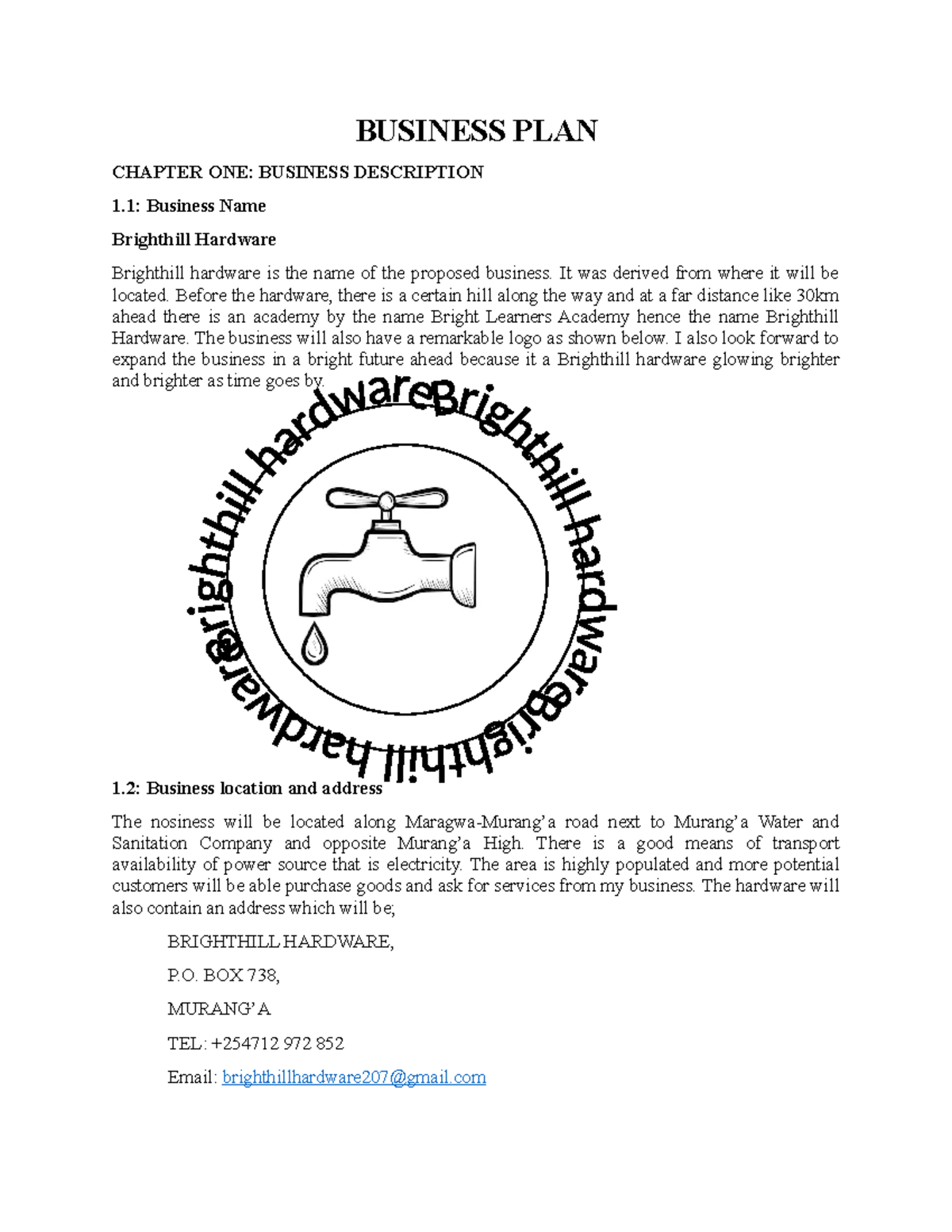 BUSINESS PLAN CHAPTER 1: BRIGHTHILL HARDWARE DESCRIPTION - Studocu