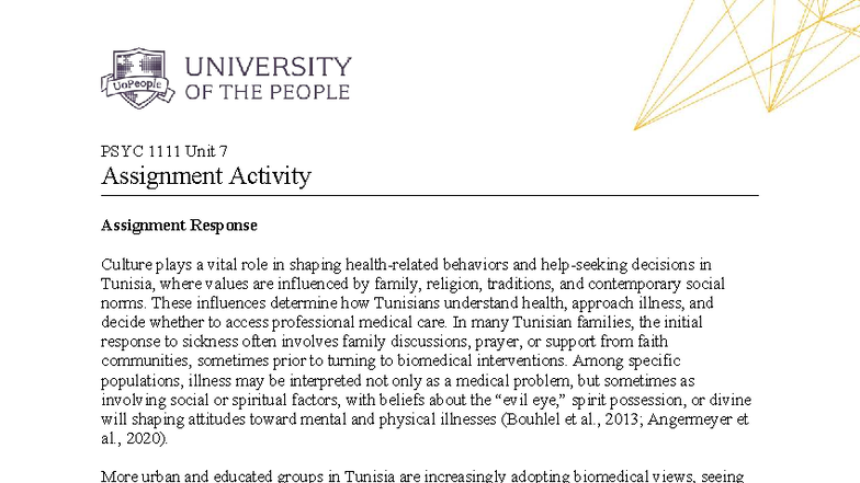 PSYC 1111 Unit 7 Assignment: Cultural Influences on Health in Tunisia ...