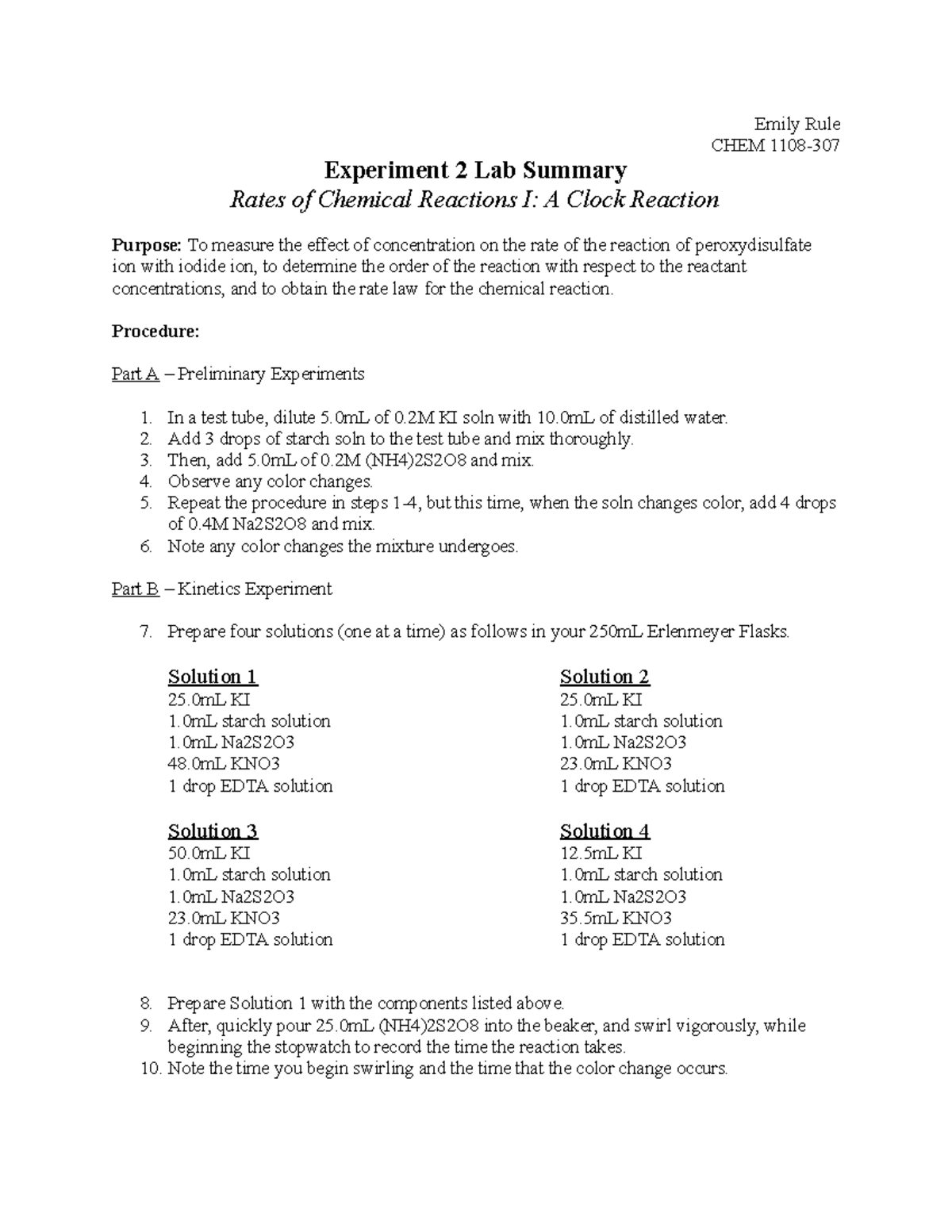 CHEM 1108 Lab 2 Summary: Rates of Chemical Reactions I Analysis - Studocu