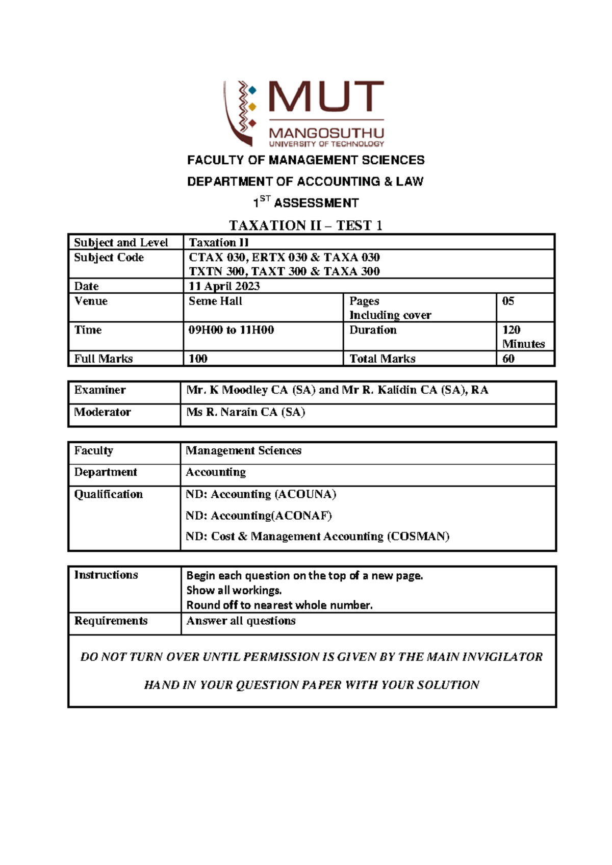 2023 Taxation II Test 1 - Faculty of Management Sciences - Studocu