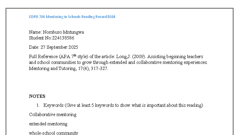 Reading Record long - Study - EDPD 704 Mentoring in Schools Reading ...