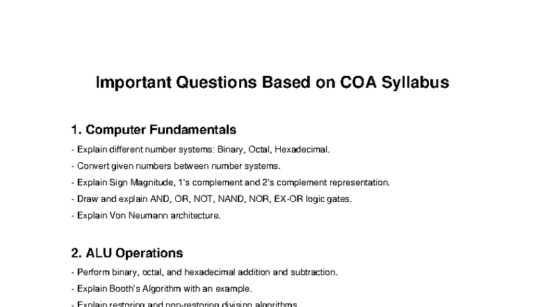 COA Important Questions: Computer Fundamentals & Architecture - Studocu