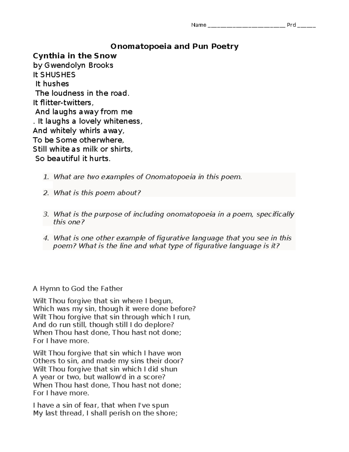 Onomatopeia and Pun Poetry Analysis: Cynthia in the Snow - Studocu