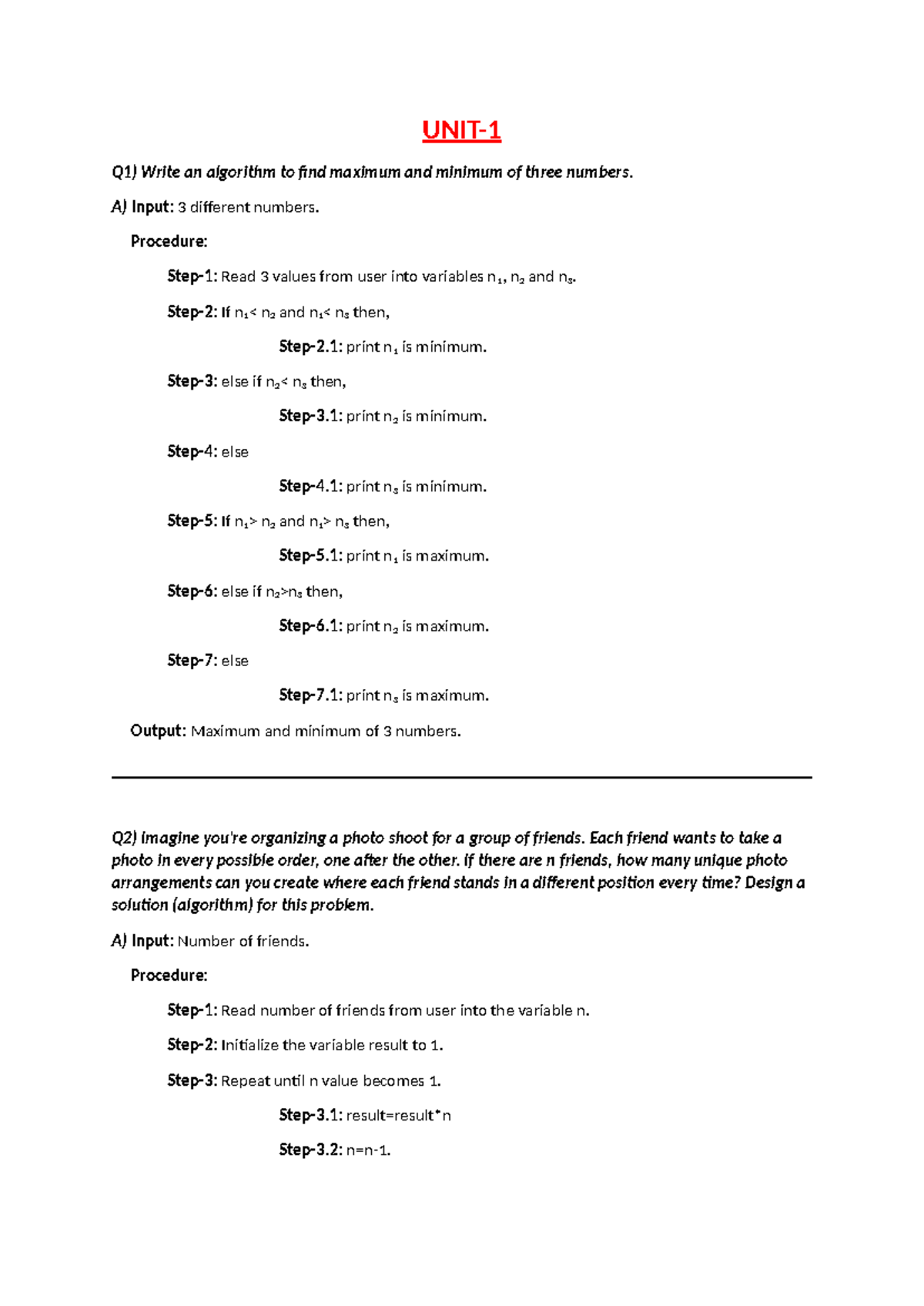 Python - pdf - UNIT- Q1) Write an algorithm to find maximum and minimum ...