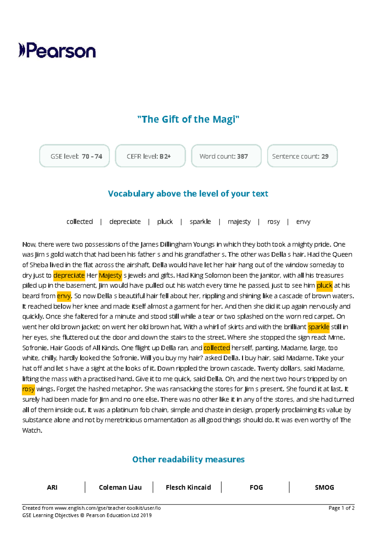 The Gift of the Magi - GSE Level 70-74 Analysis - Studocu
