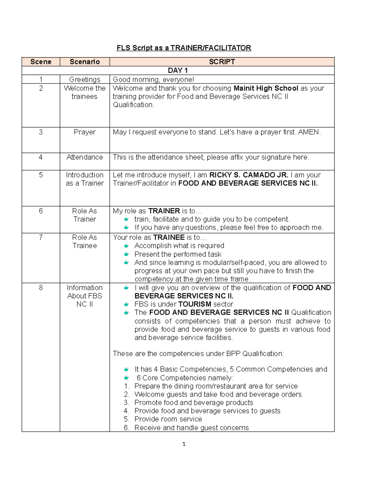 Facilitator Script for FBS NC II Training Session Activities - Studocu