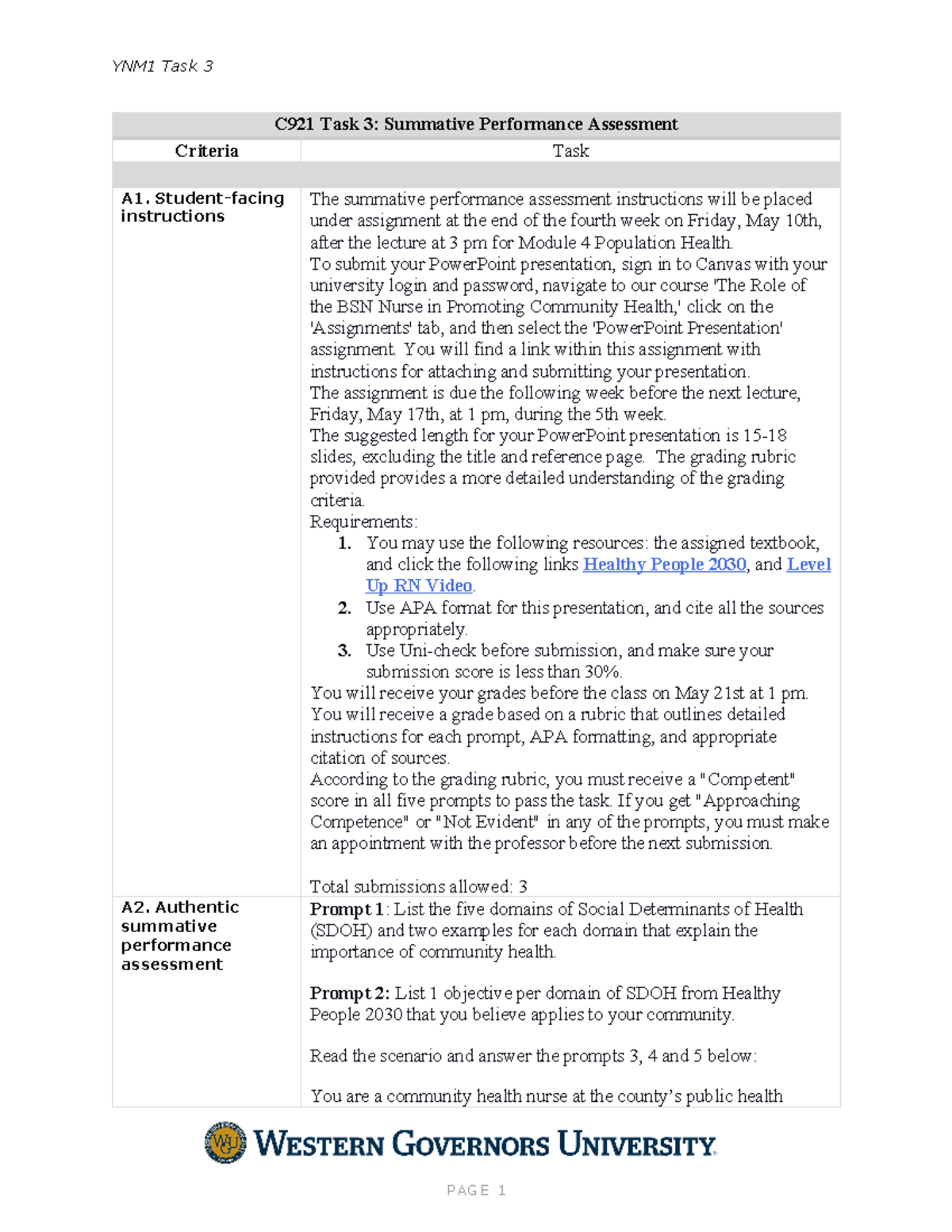 C921 - Task 3: Summative Assessment on Social Determinants of Health ...