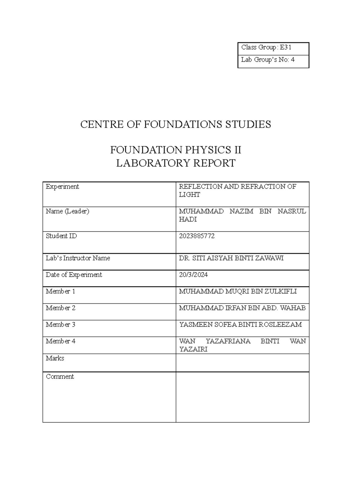 Lab Report for PHY098: Reflection and Refraction of Light Experiment ...