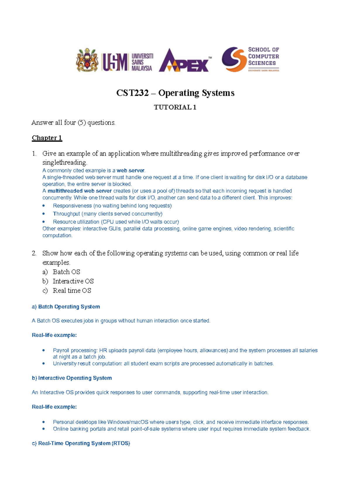 CST232 Operating Systems TUTORIAL 1: Key Concepts & Examples - Studocu