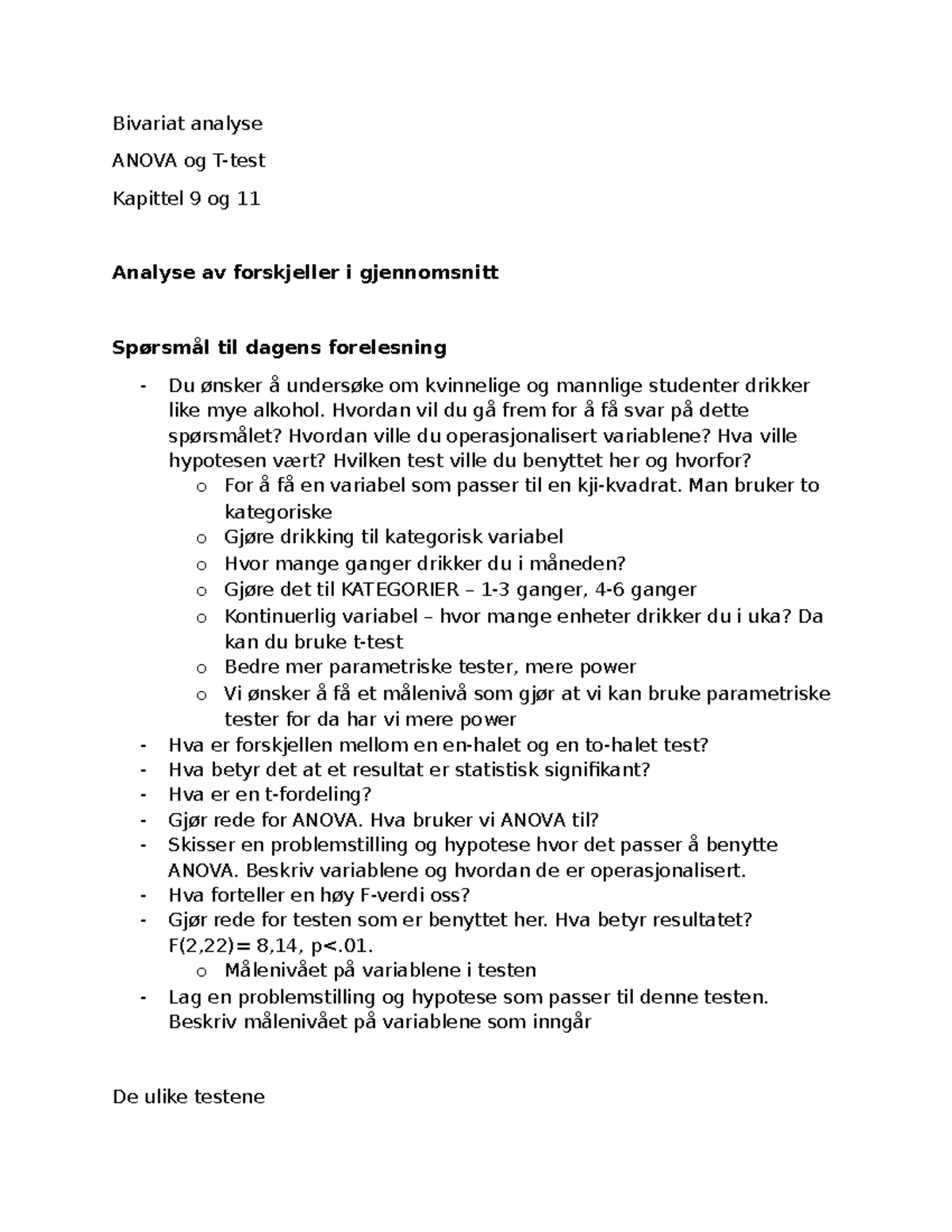 ANOVA og T-Test: Analyse av Forskjeller i Gjennomsnitt (Kap 9 & 11 ...
