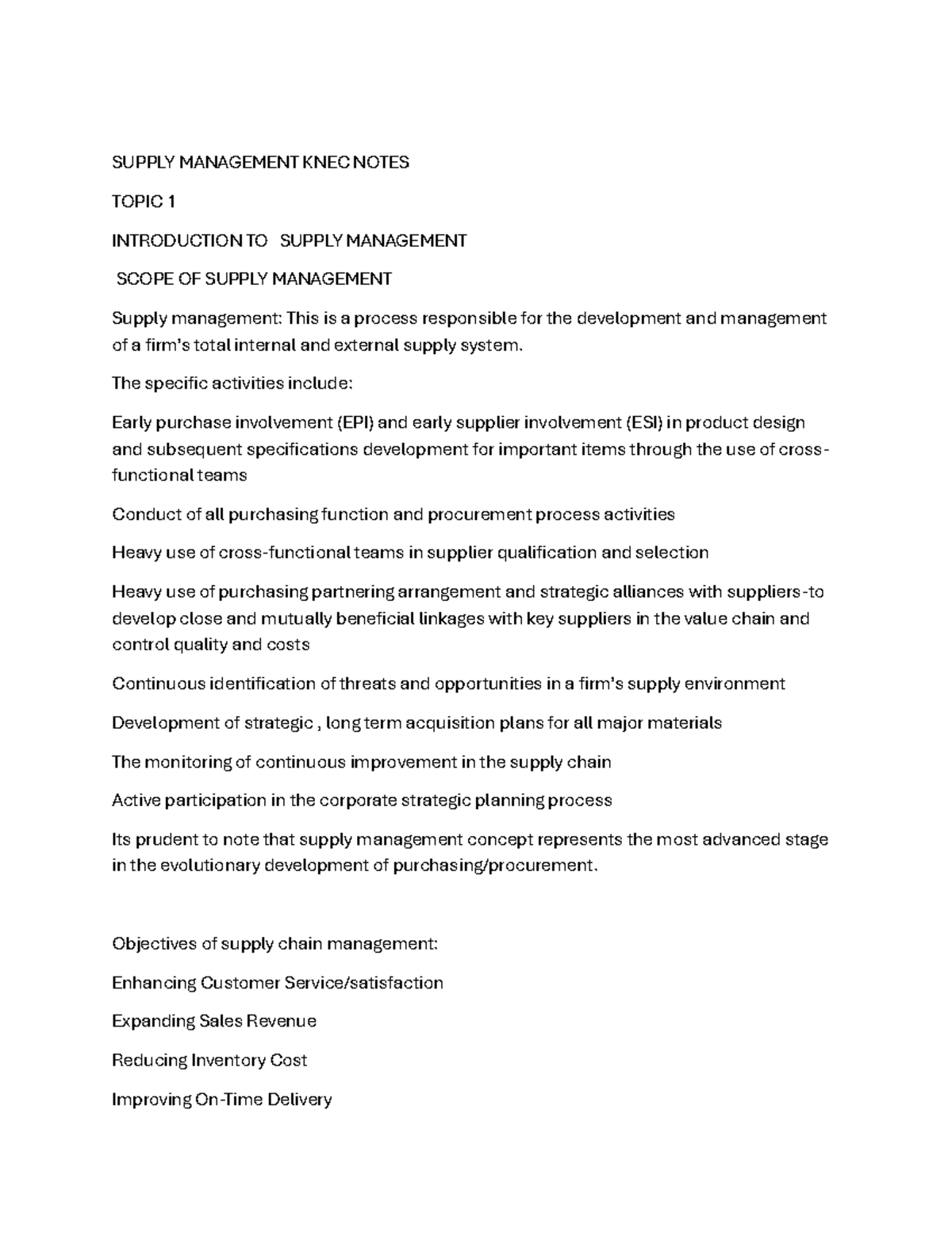 KNEC NOTES: SUPPLY MANAGEMENT INTRODUCTION & SCOPE - Studocu