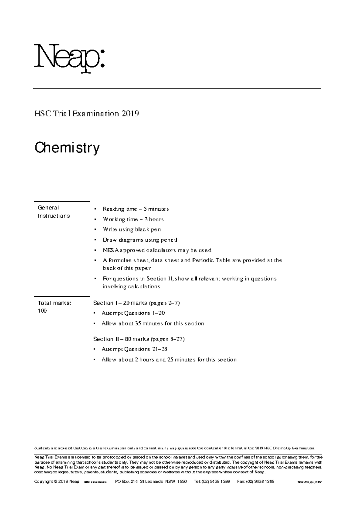 HSC Chemistry Trial Exam 2019 - General Instructions and Questions ...