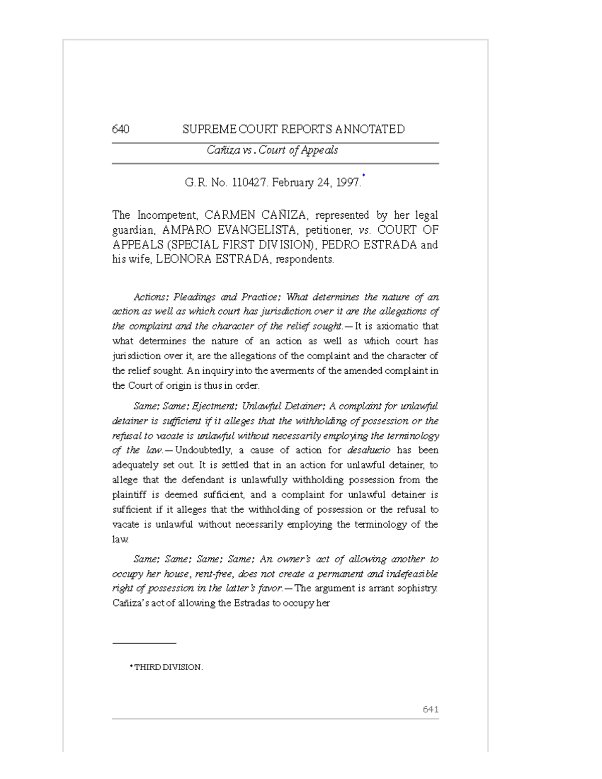 Cañiza vs. CA - Case Law Analysis on Ejectment Proceedings - Studocu