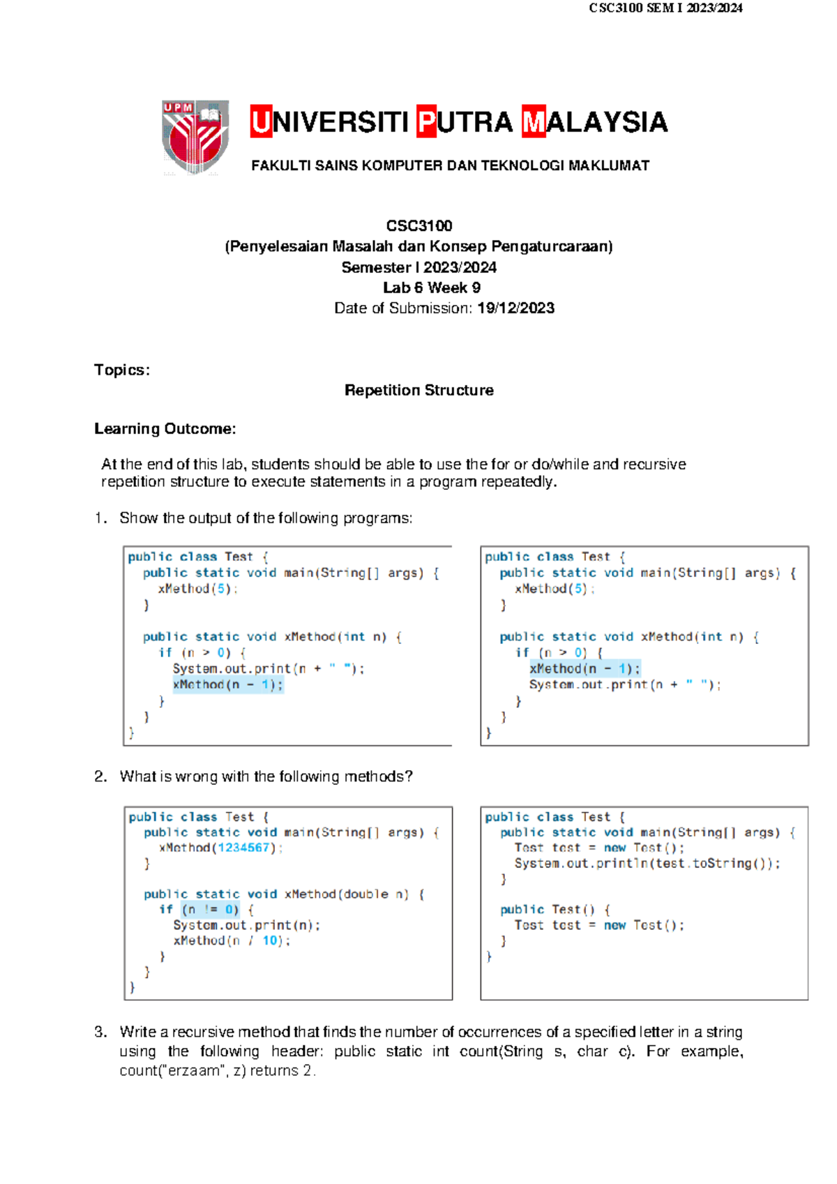 CSC3100 Lab6 Week9( Loops) - CSC3100 SEM I 2023/ UNIVERSITI PUTRA ...