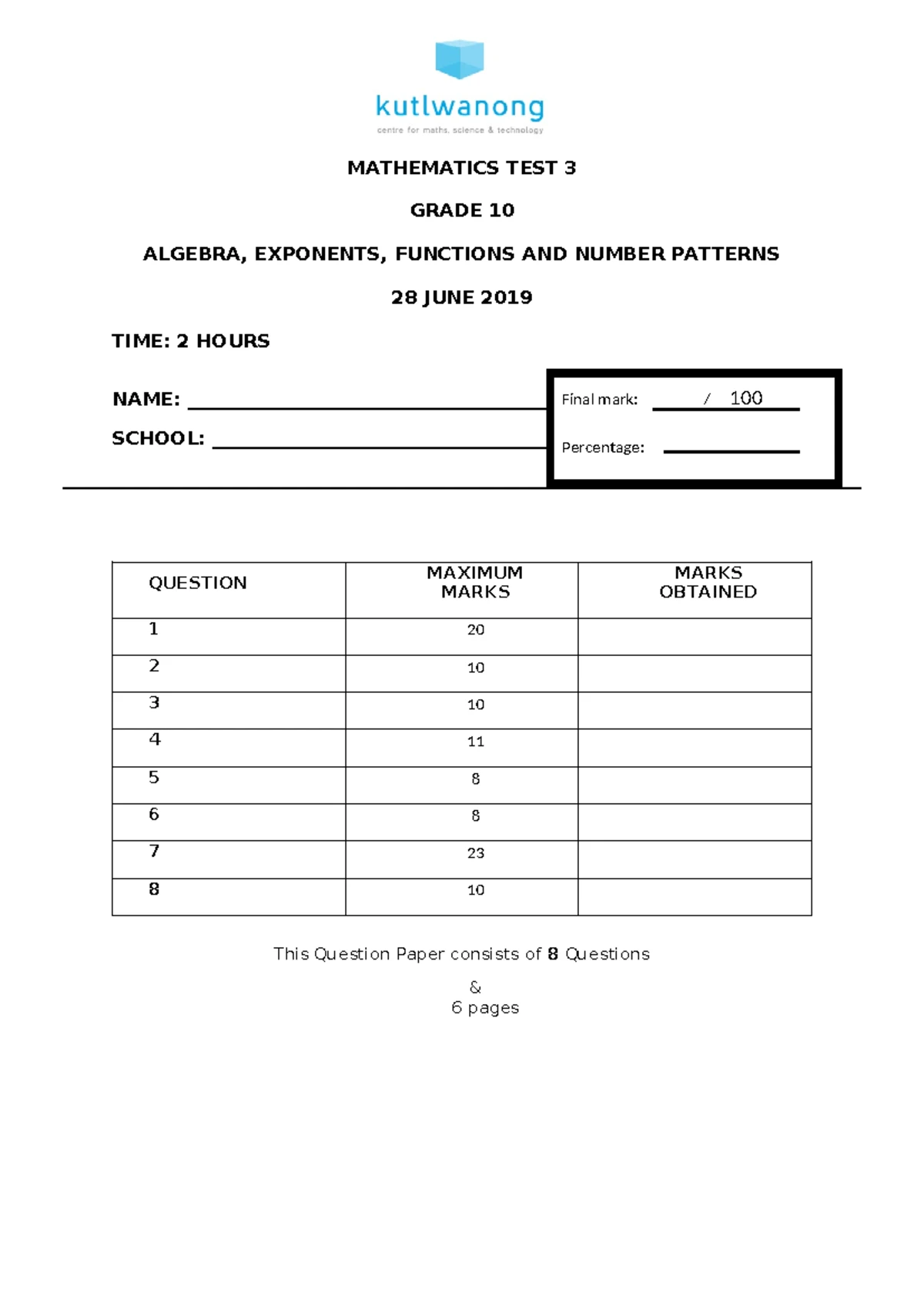 Grade 8 LO Term 2 - 2018 Final Exam Paper - Studocu