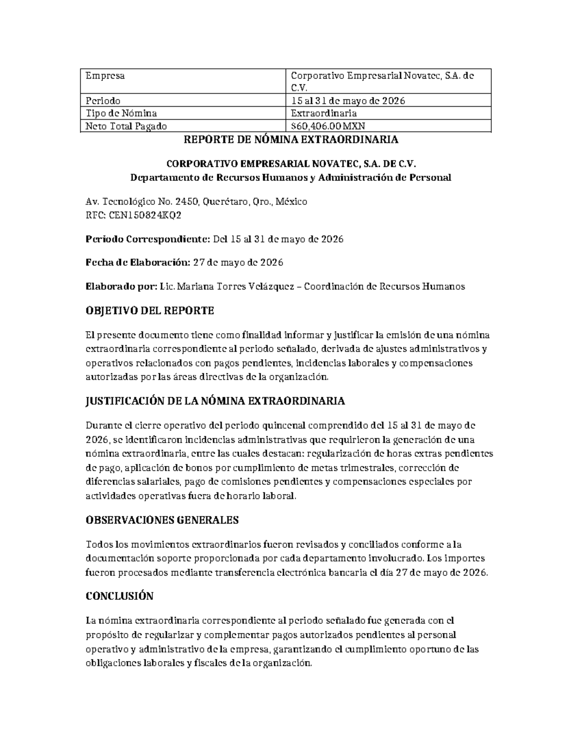 Reporte de Nómina Extraordinaria Corporativa Novatec, S.A. de C.V. 15 ...