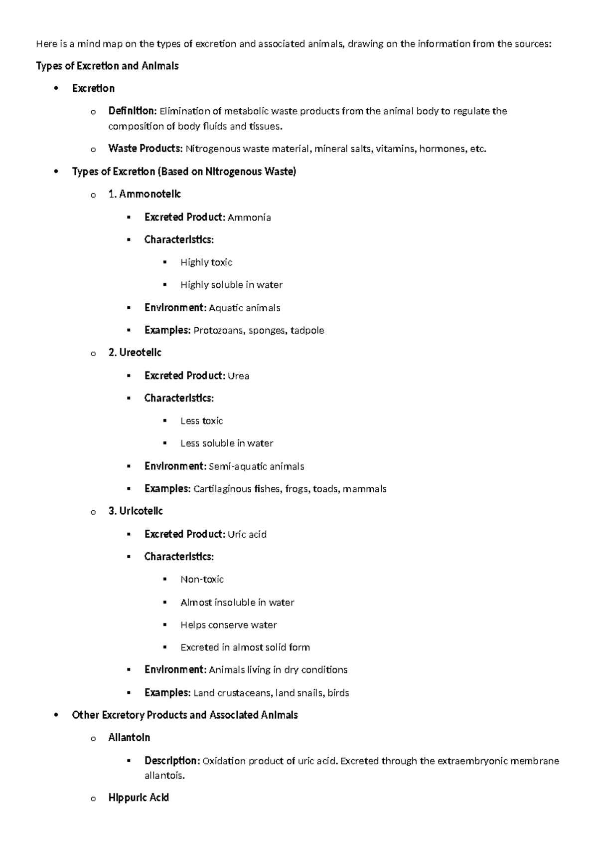Mind Map: Types of Excretion & Associated Animals - Studocu