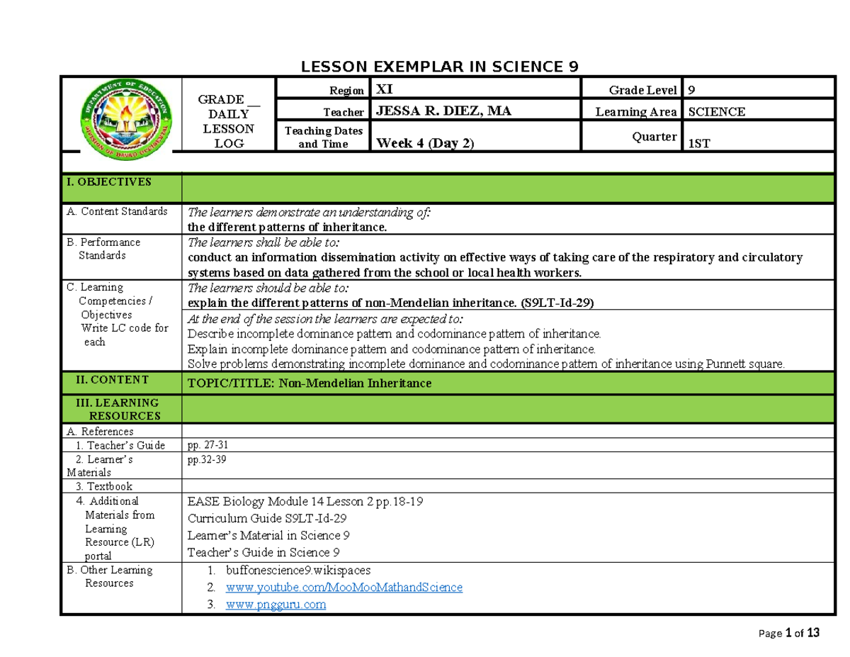 Grade 9 Science - 1st Quarter Lesson Exemplar: Non-Mendelian ...