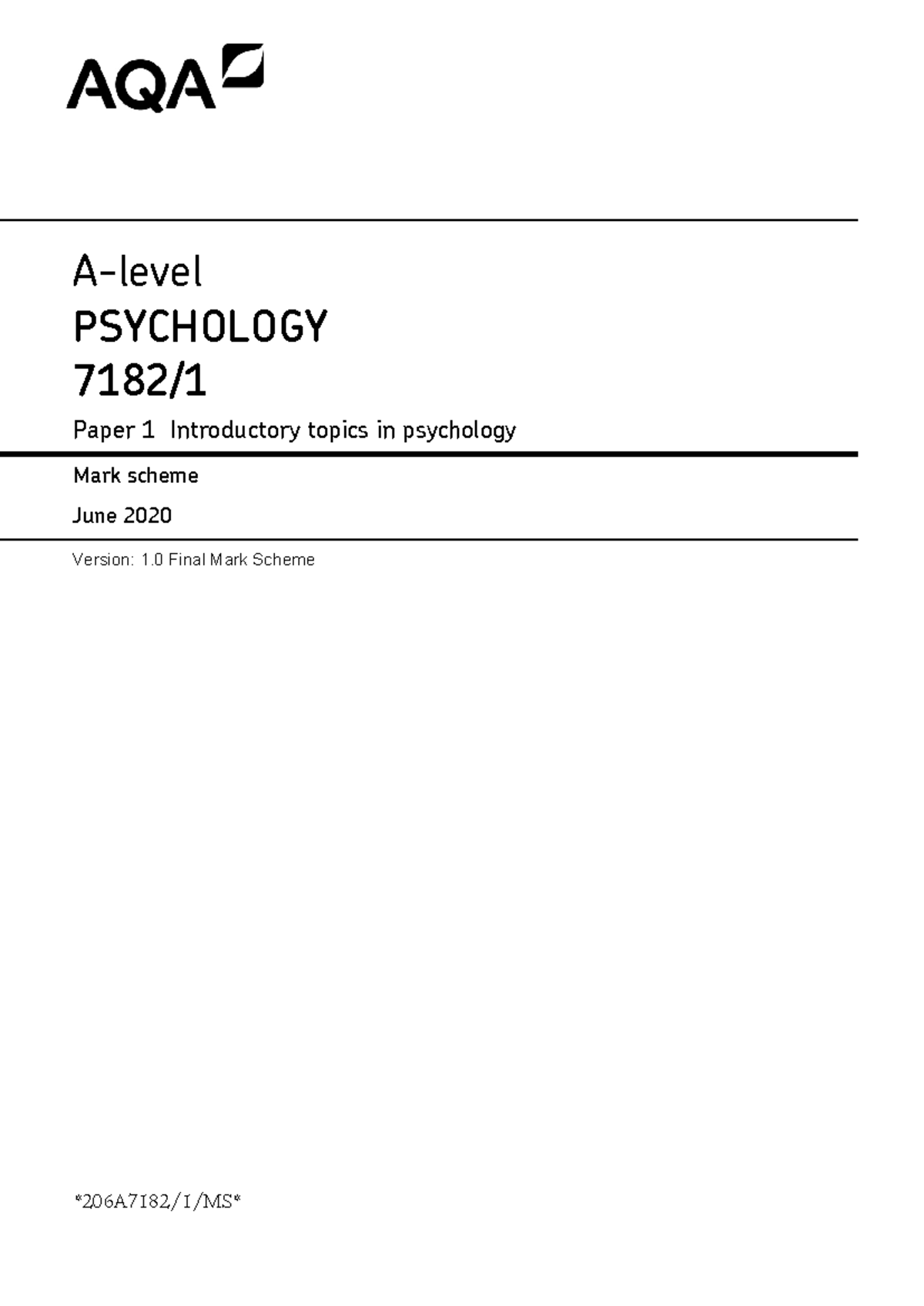 AQA-7182 Paper 1 Psychology Mark Scheme - June 2020 Revision Guide ...