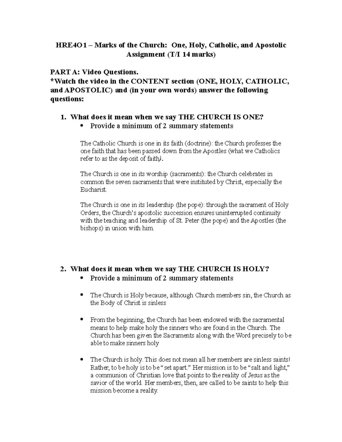 HRE4O1 – Assignment: Understanding the Marks of the Church - Studocu