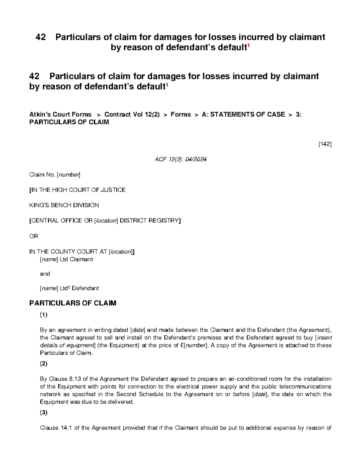 42 Claim for Damages Due to Defendant's Default - Court Form ACF 12(2 ...