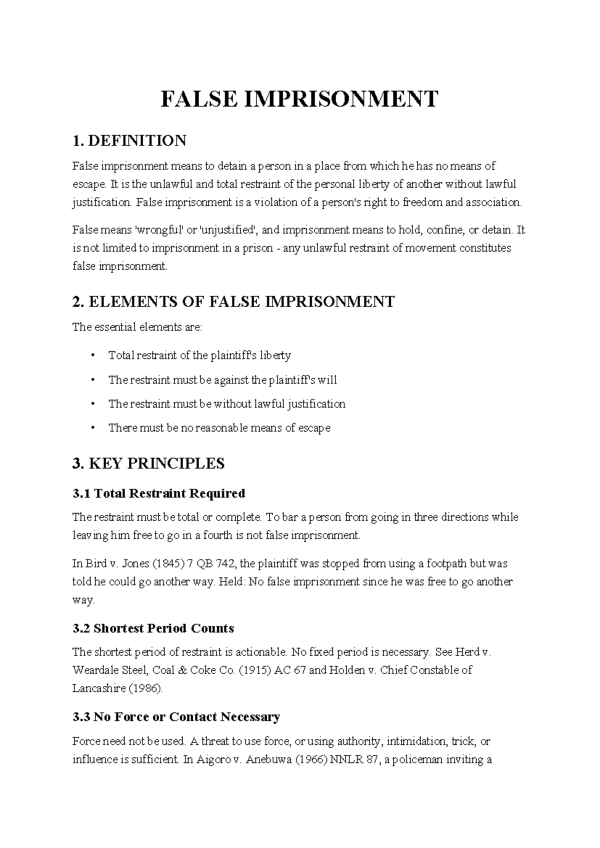 07 False Imprisonment - Key Definitions and Principles - Studocu