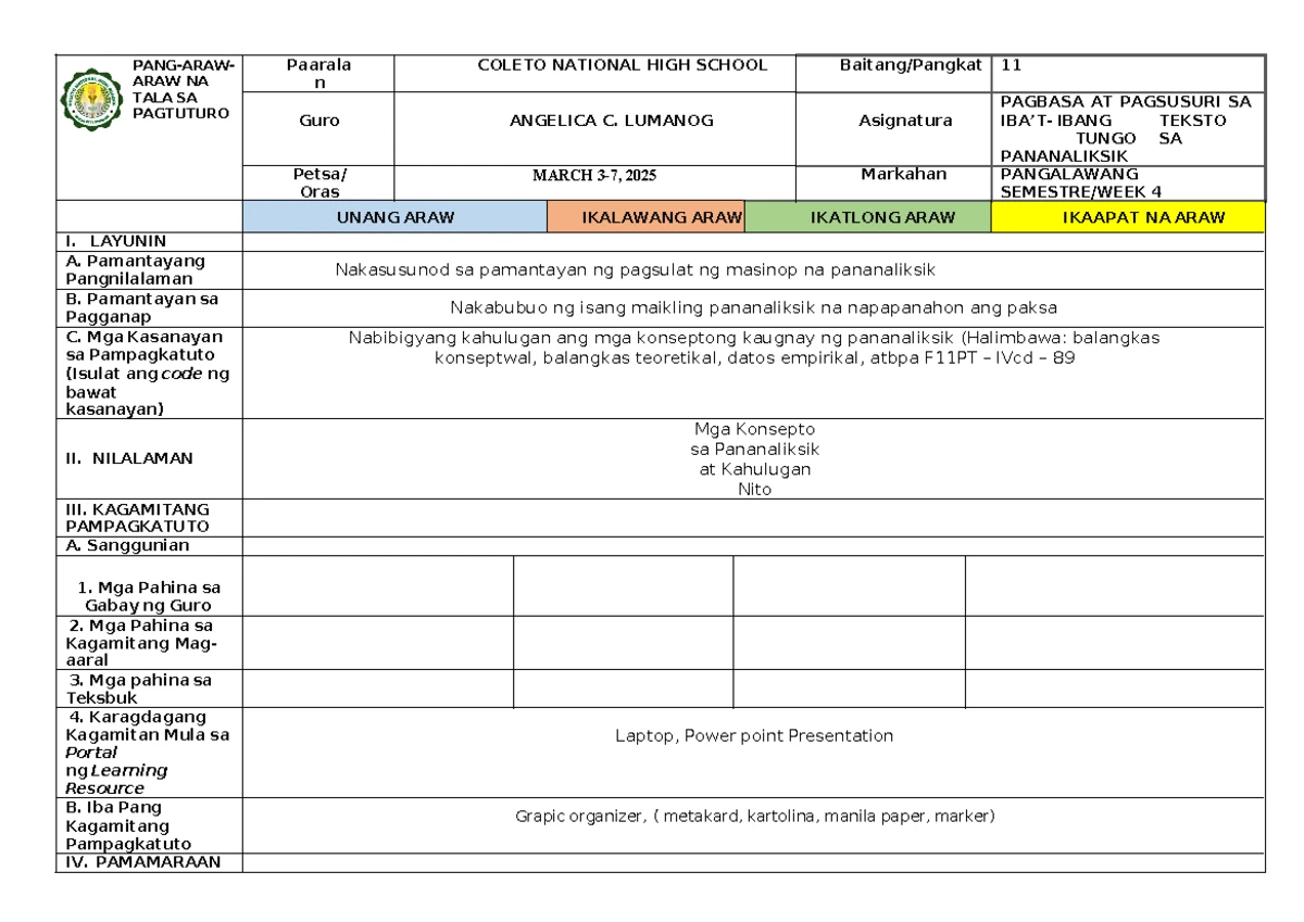FIL WEEK 2 - LESSON PLAN - PANG-ARAW- ARAW NA TALA SA PAGTUTURO Paarala ...