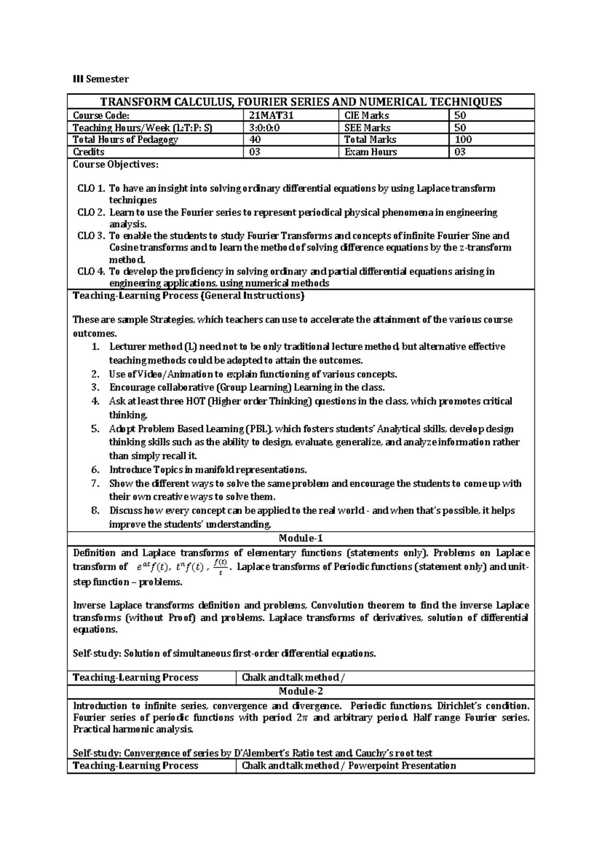 Transform Calculus, Fourier Series & Numerical Techniques (21MAT31 ...