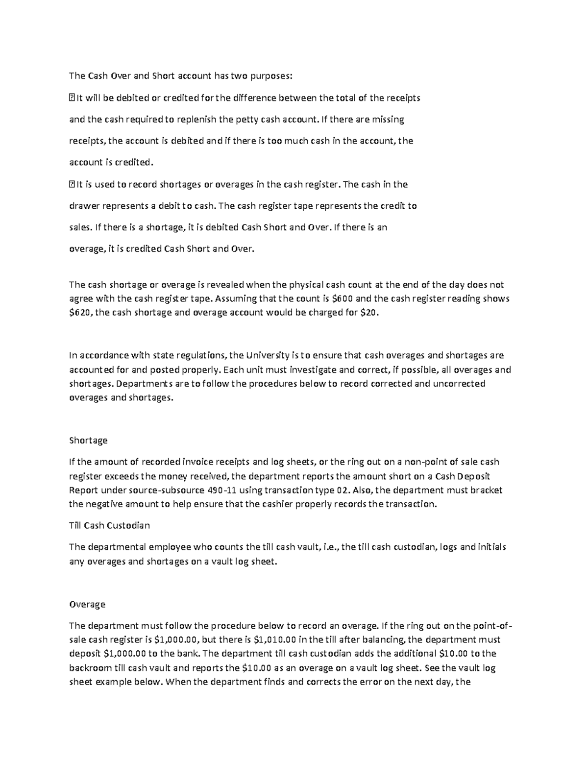 Understanding the Cash Over and Short Account Procedures - Studocu