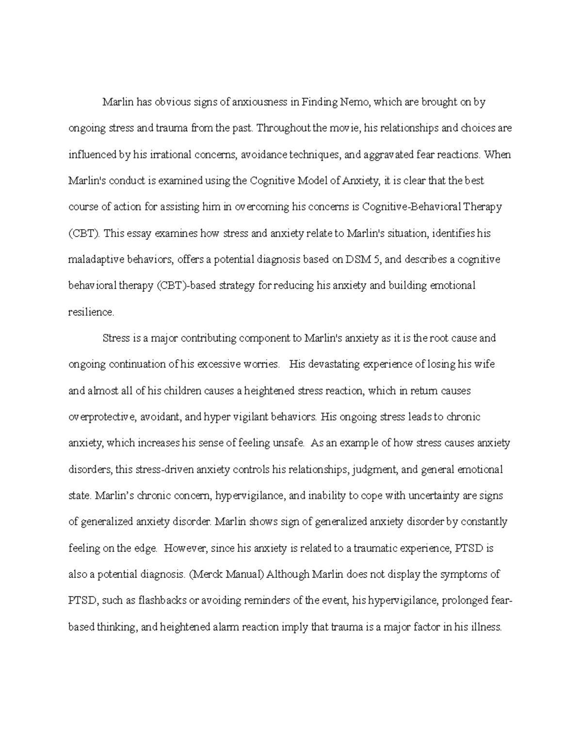 CBT Analysis of Marlin's Anxiety: Insights from Finding Nemo - Studocu