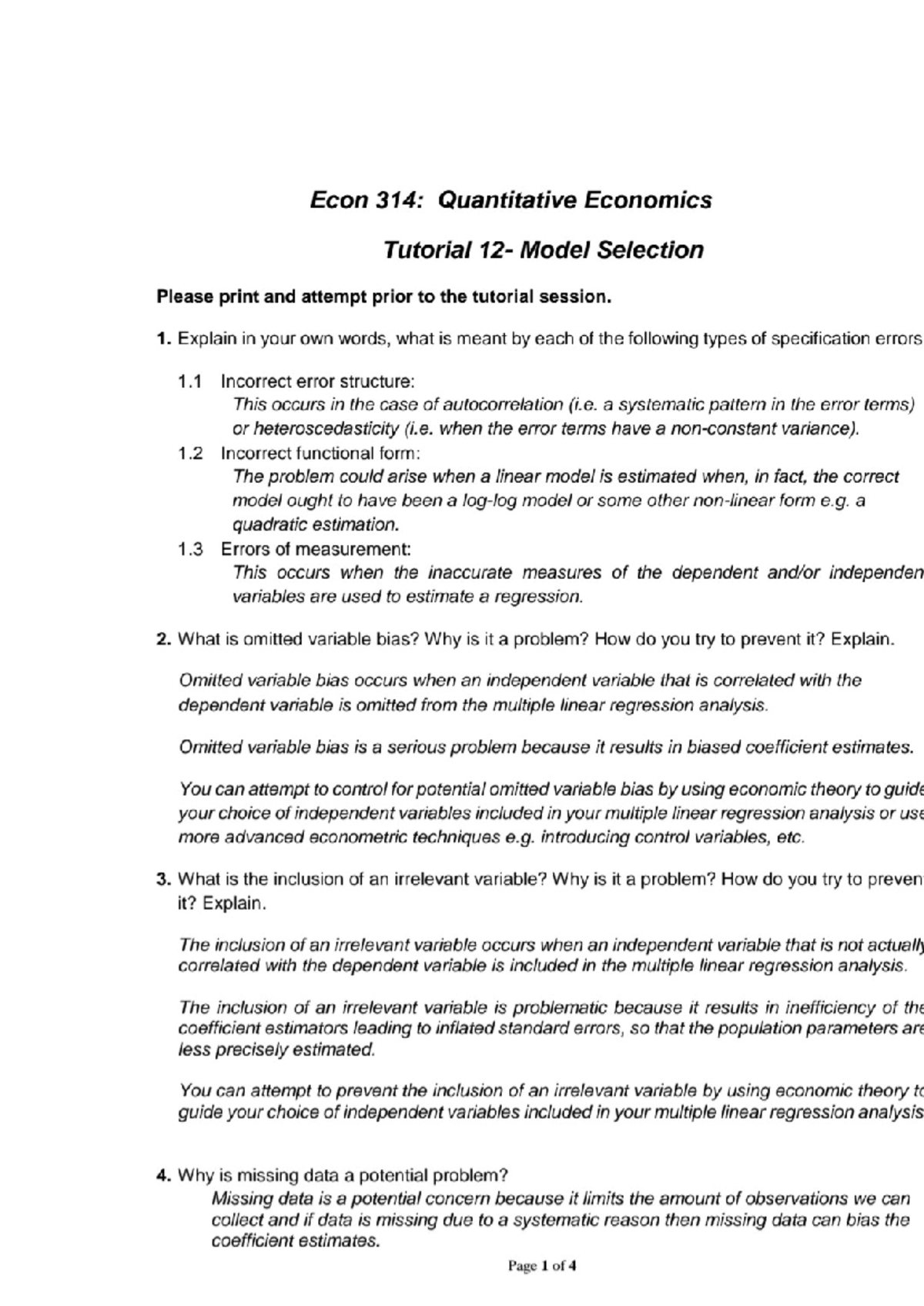 Tutorial Session 12 Model Selection Solution - Econ 314: Quantitative ...