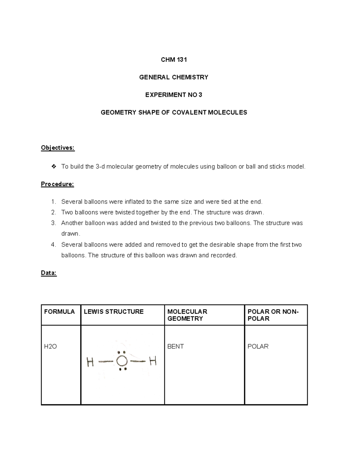 experiment 3 lab 3 - CHM 131 GENERAL CHEMISTRY EXPERIMENT NO 3 GEOMETRY SHAPE OF COVALENT ...