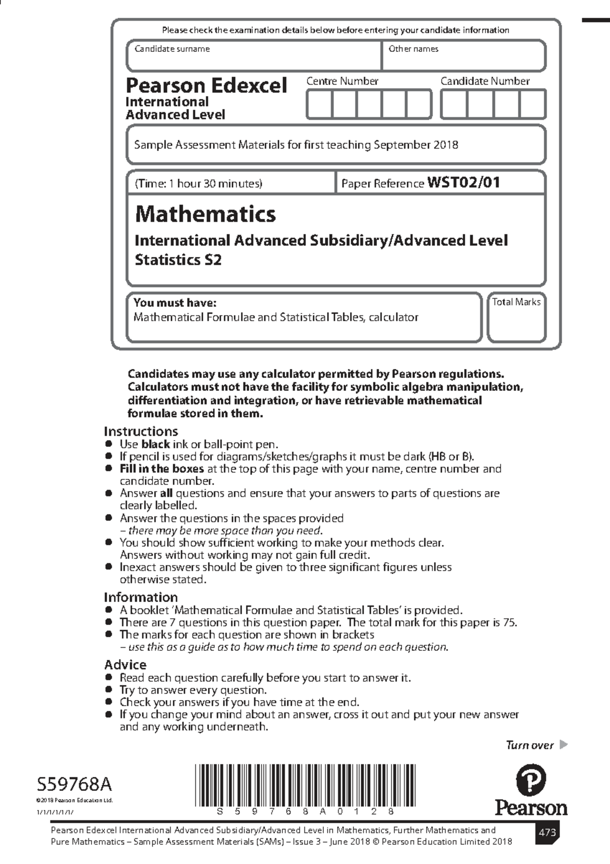 Sample Past Paper S2: Edexcel International A Level Mathematics Exam ...