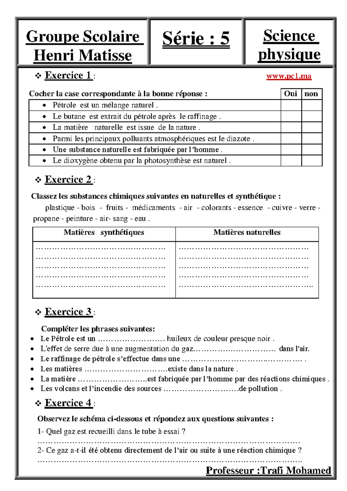 Série 5 Exercice 1 : Science Physique - Pétrole et Polluants - Studocu