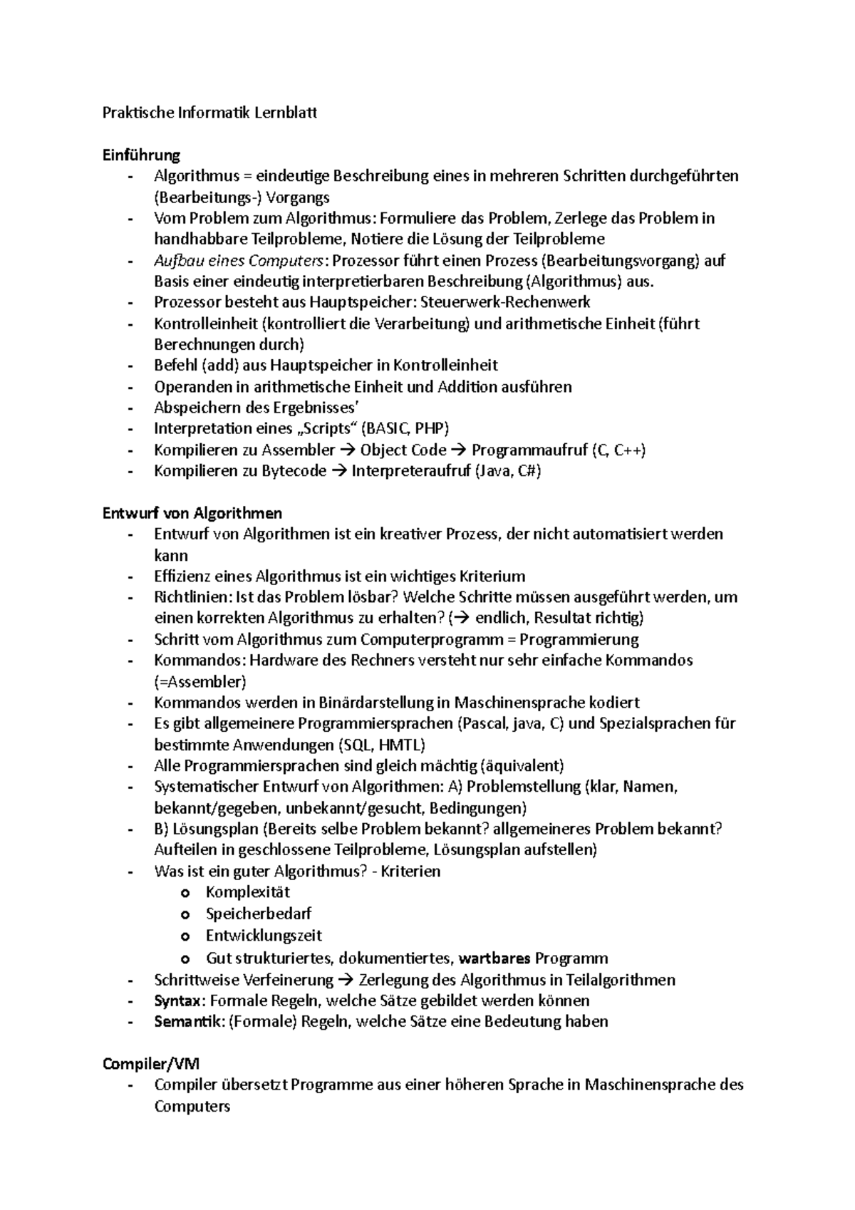 Praktische Informatik Zusammenfassung - Praktische Informatik Lernblatt ...