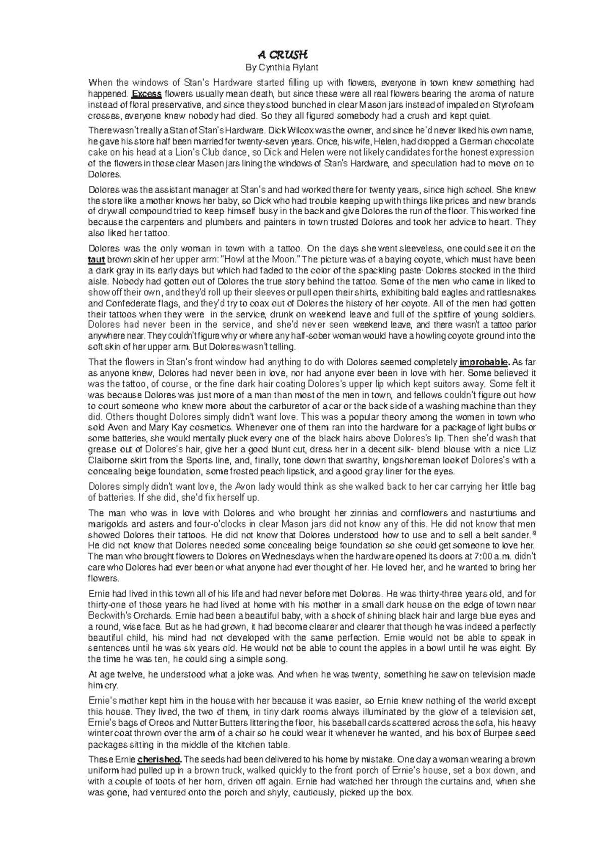 A Crush: Reading Material from A Story by Cynthia Rylant - Studocu