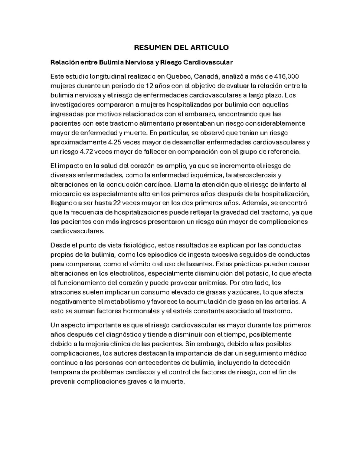 Relación entre Bulimia Nerviosa y Riesgo Cardiovascular: Resumen - Studocu