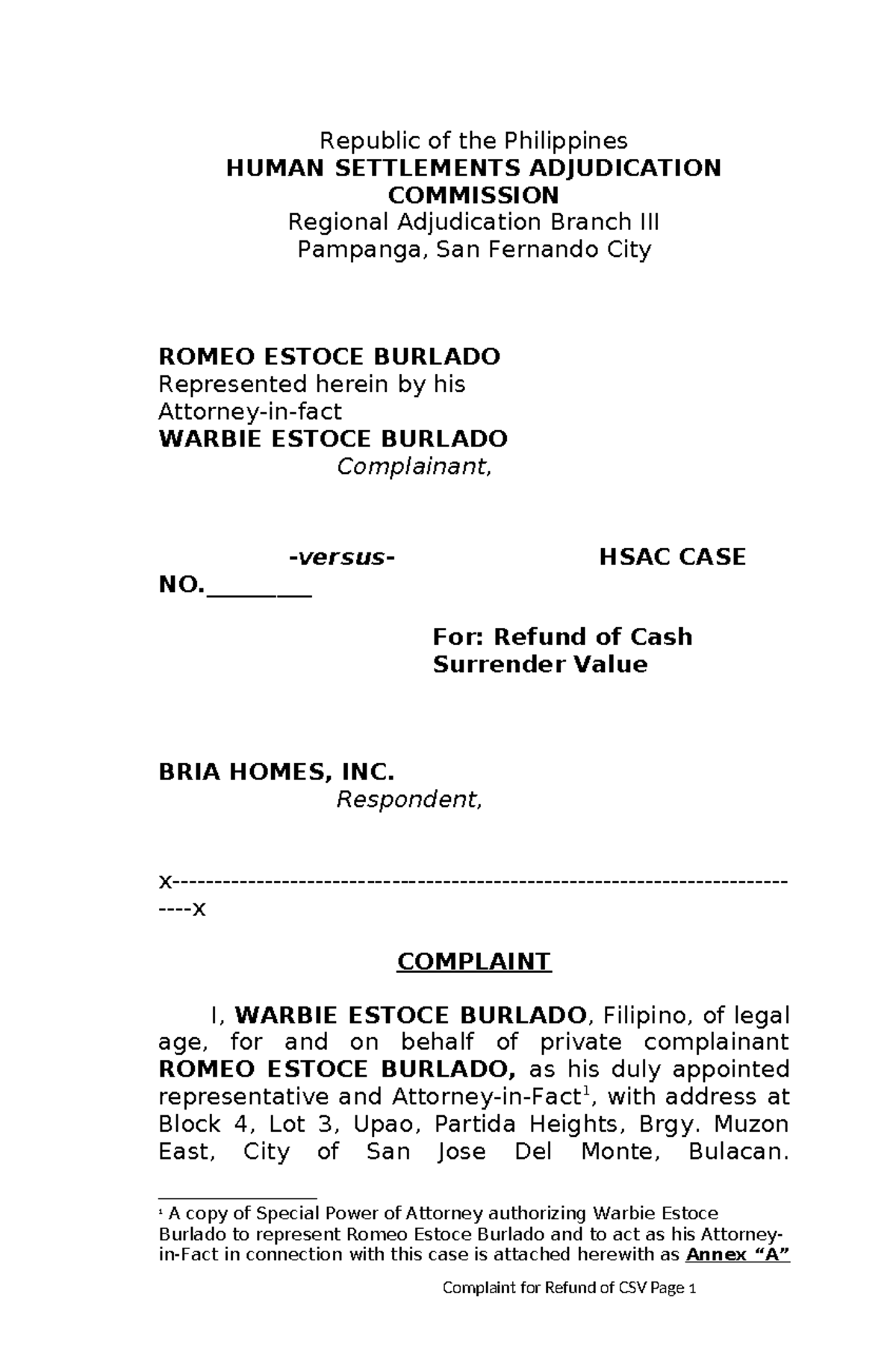 Complaint HSAC - Republic of the Philippines HUMAN SETTLEMENTS ...