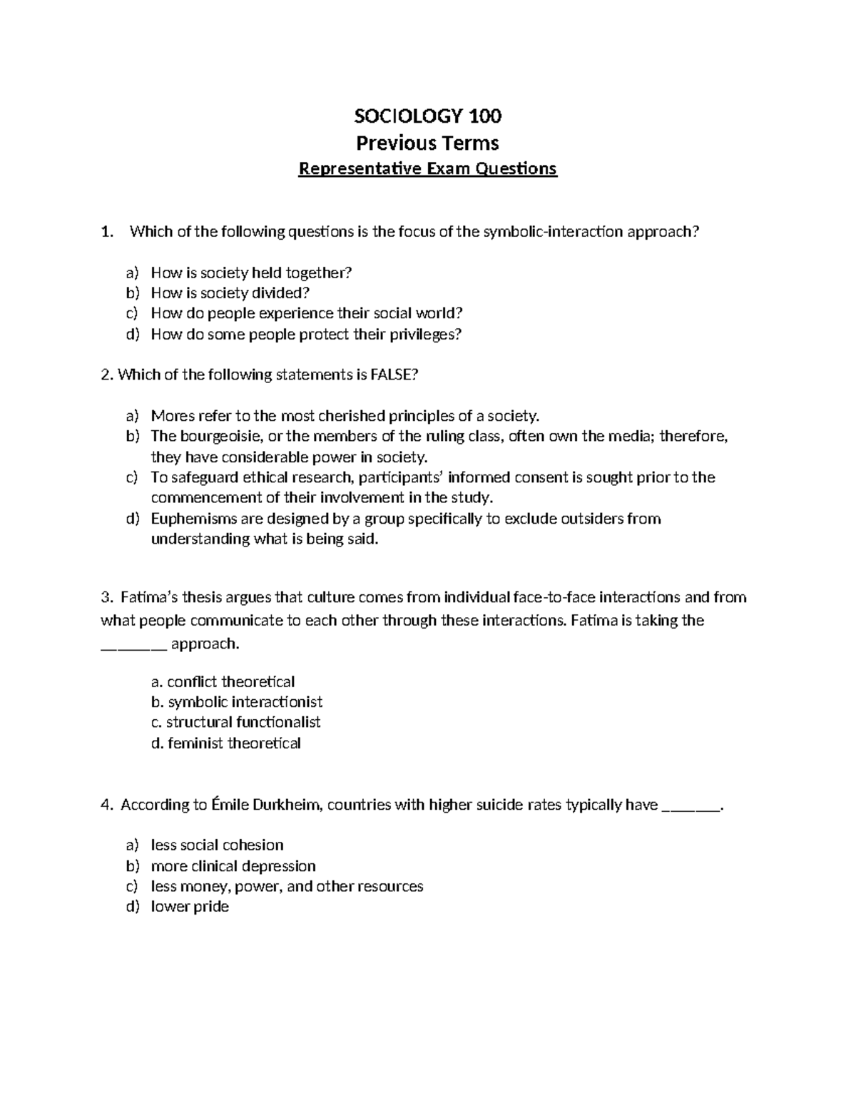 Sociology 100: Representative Exam Questions from Previous Terms - Studocu